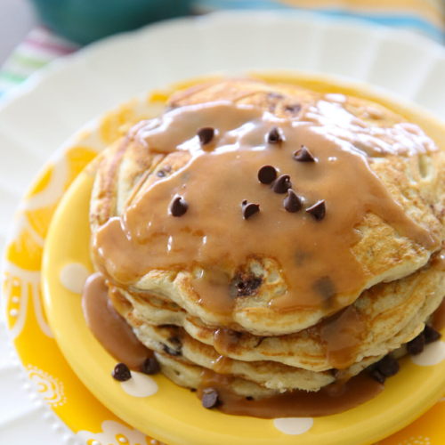 Chunky Monkey Pancakes with PB Maple Syrup - OurBestBites.com