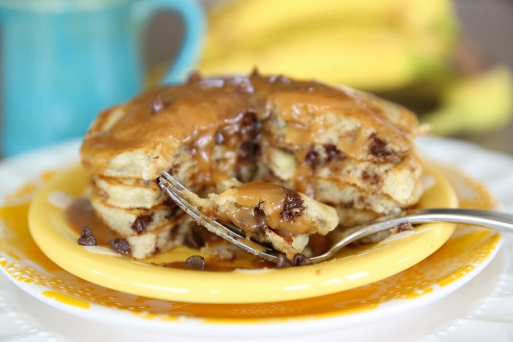 Chunky Monkey Pancakes with PB Maple Syrup - OurBestBites.com